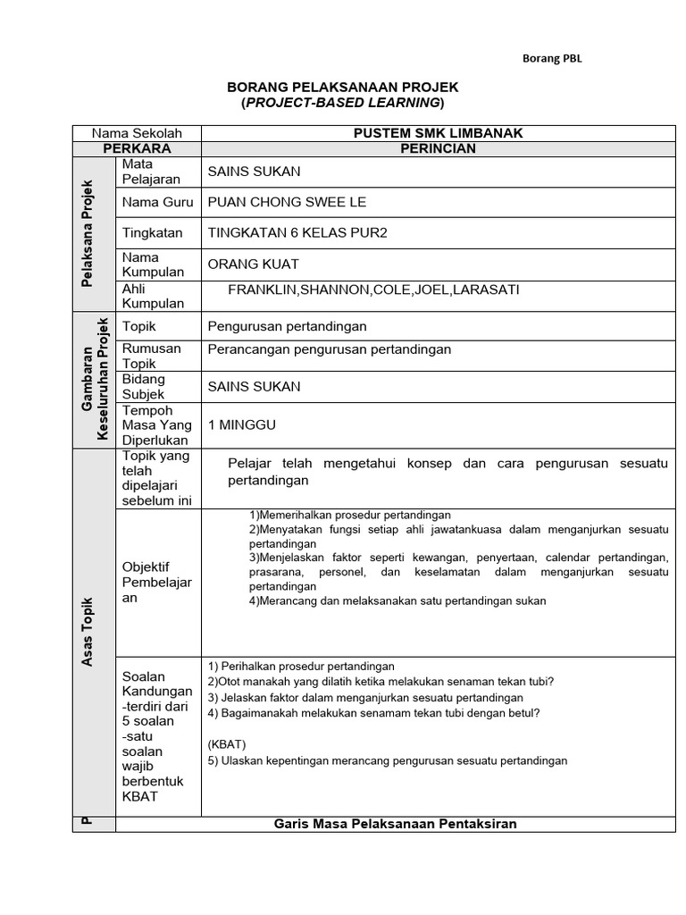 Borang Pelaksanaan PBL (2) - 2 | PDF