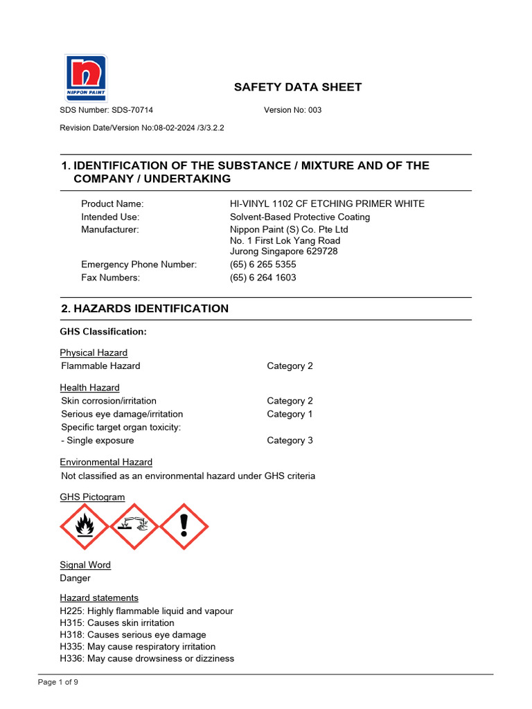 SDS - NIppon Paint HI-VINYL-1102-CF-ETCHING-PRIMER-WHITE | PDF ...
