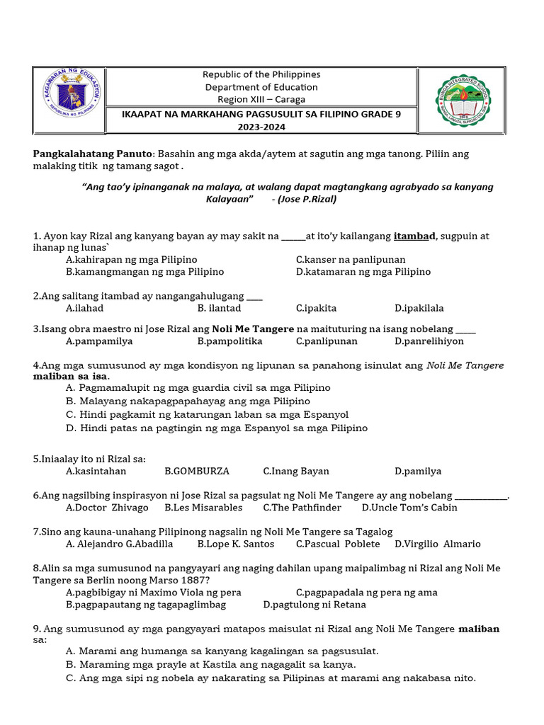 Fil-9 4TH Quarter Final Exam | PDF
