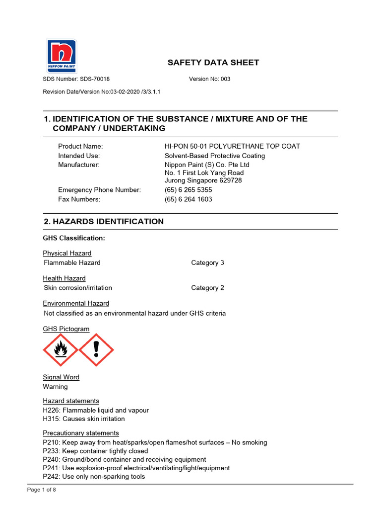 HI-PON 50-01 Polyurethane SDS | PDF | Dangerous Goods | Toxicity