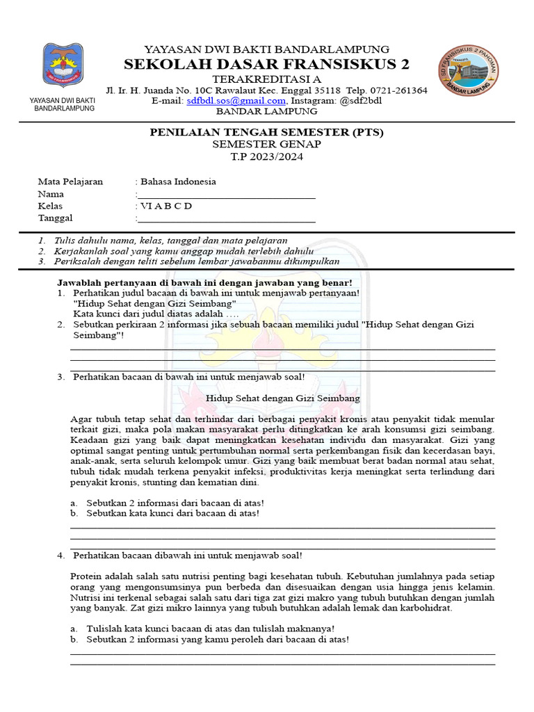 PTS BINDO KELAS 6 SEMESTER Genap 2024 | PDF