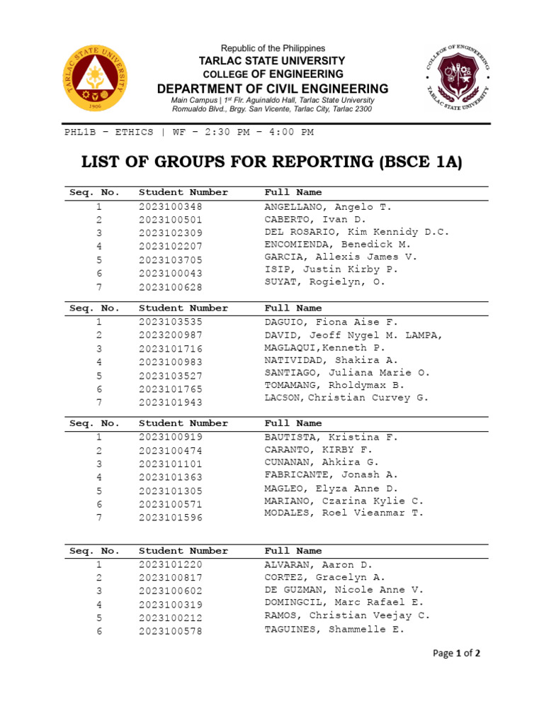 BSCE 1A Student Reporting Groups | PDF