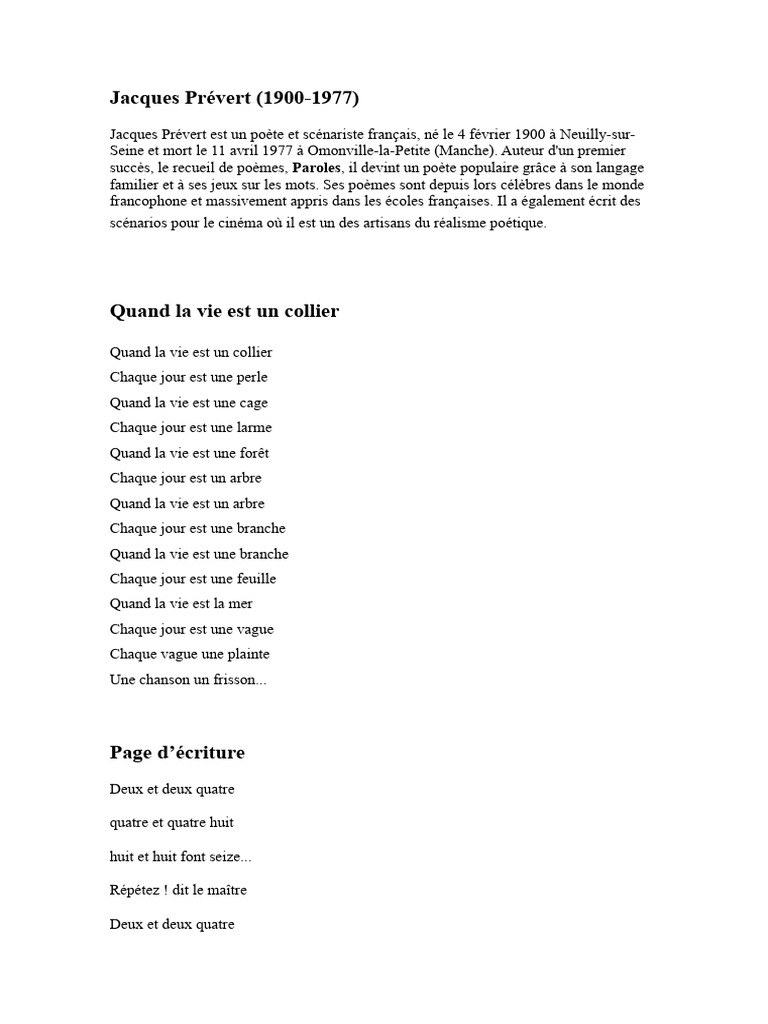 Poésie de Jacques Prévert : Paroles | PDF | Poésie