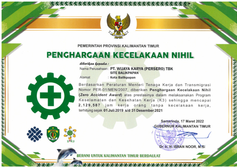 17-05-2022 Sertifikat Zero Accident Disnaker | PDF