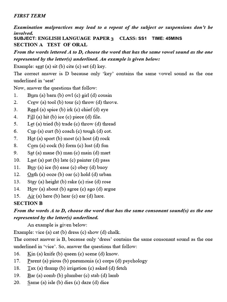 SS1 First Term English Exam Paper | PDF | Stress (Linguistics ...