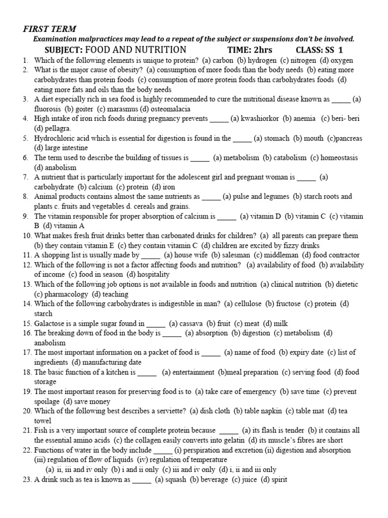 SS1 Food and Nutrition Exam Guide | PDF | Foods | Carbohydrates