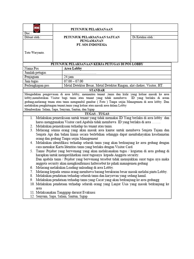 Petunjuk Satpam Pos Lobby PT. SOS | PDF