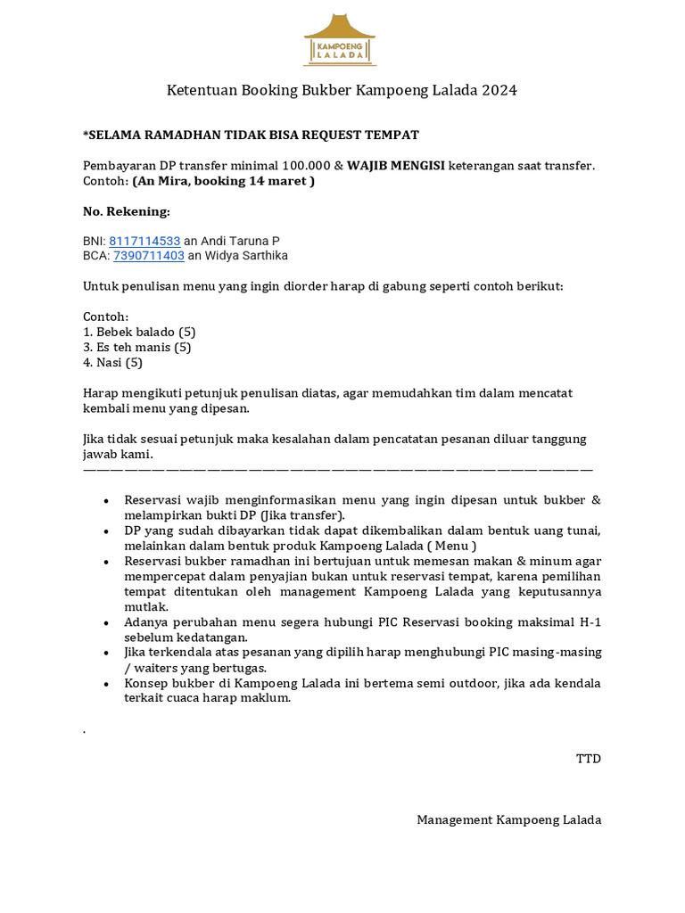 Ketentuan Booking Bukber 2024 Lalada | PDF