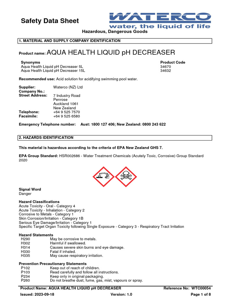 Aqua Health Liquid pH Decreaser SDS | PDF | Personal Protective ...