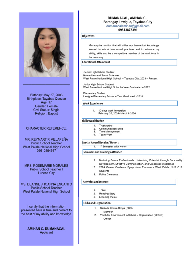 Amihan Dumanacal Updated Resume | PDF | Cognition | Behavior Modification