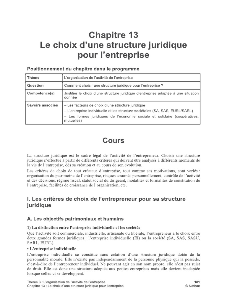 Chap 13 - Choix Juridique Pour L'entreprise - Cours | PDF