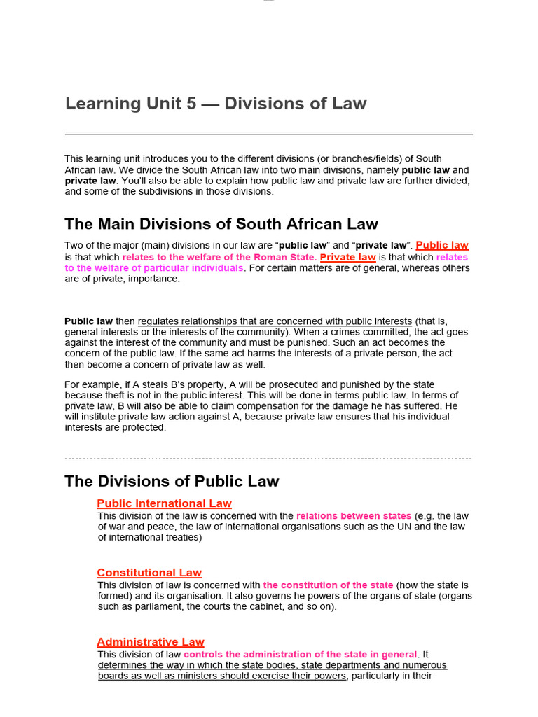 5 Divisions of Law Summary of Study Unit 5 From The Ilw 1501 Study ...