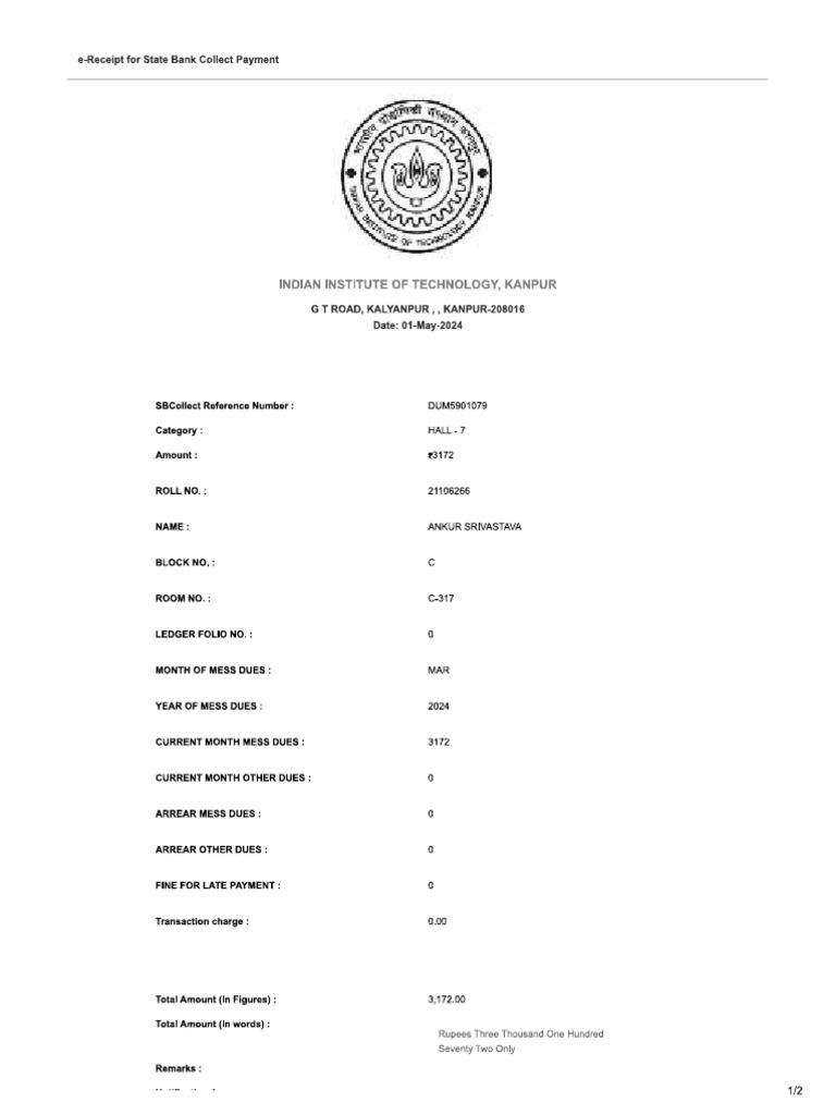 Mess Fees March Ankur | PDF