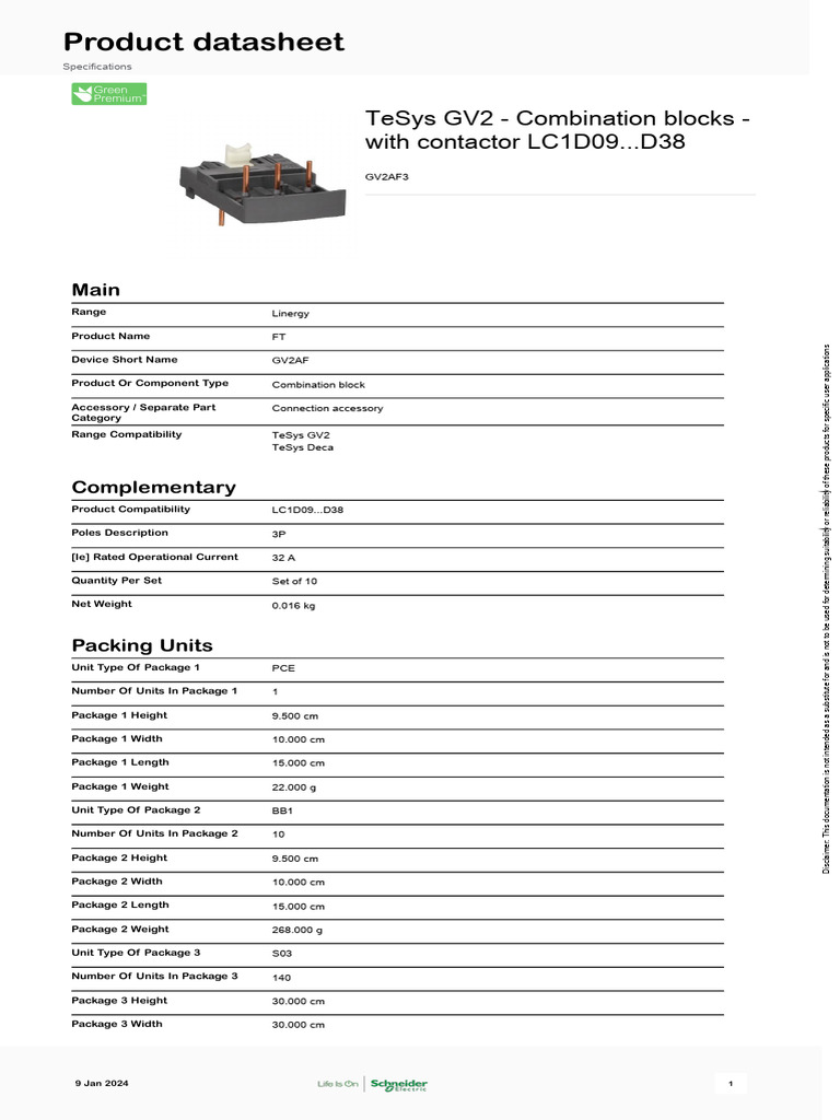 TeSys GV2AF3 Combination Block Specs | PDF | Economy And The Environment