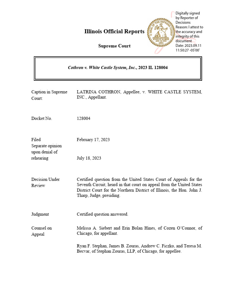 Cothron v. White Castle System, Inc., 2023 IL 128004 | PDF | Damages ...