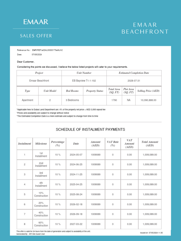 Schedule of Instalment Payments: Project Unit Number Estimated ...