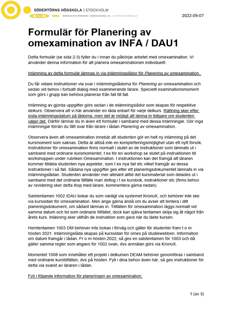 Formulär För Planering Av Omexamination Av INFA DAU1 | PDF