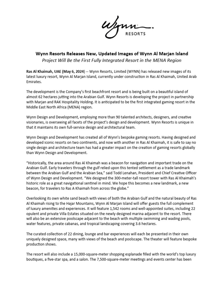 Wynn Resorts Releases New, Updated Images of Wynn Al Marjan Island - ENGLISH | PDF