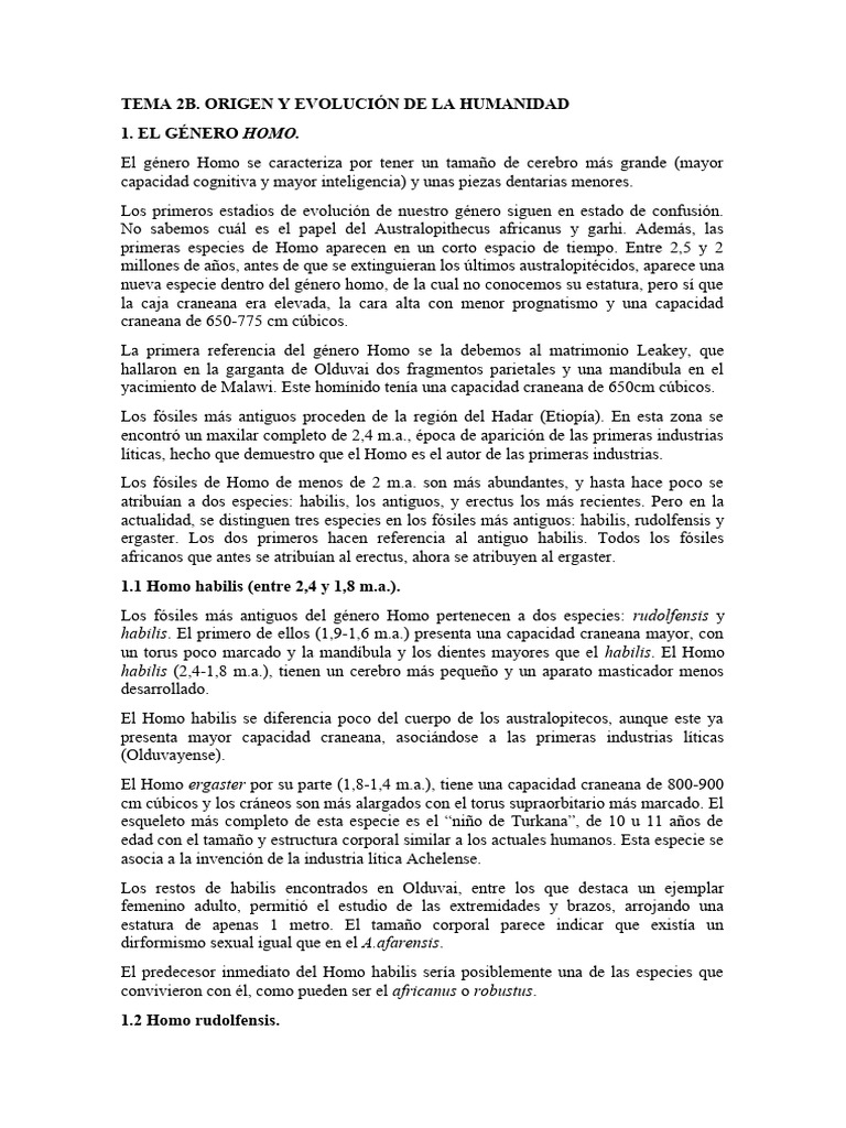 TEMA 2B. ORIGEN Y EVOLUCIÓN DE LA HUMANIDAD EL GENERO HOMO | PDF | Homo ...