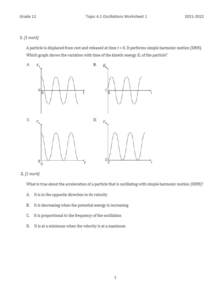 Grade 12 Ocillations 4.1 Worksheet 1 | PDF | Oscillation | Velocity