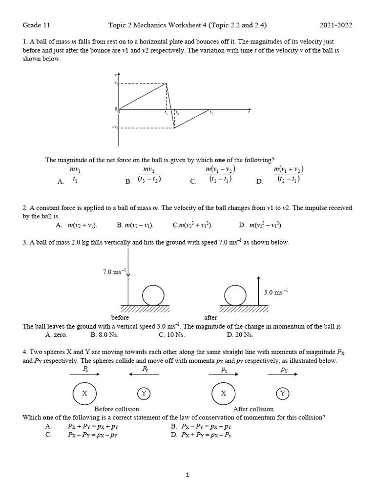 Grade 11 Topic 2 Mechanics Worksheet 4 Topics 2.2 and 2.4 2021 - 2022 | PDF | Force | Momentum