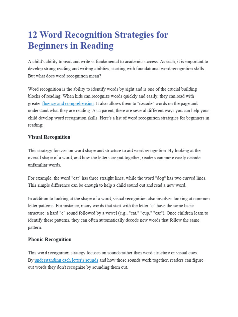 12 Word Recognition Strategies For Beginners in Reading | PDF | Writing ...