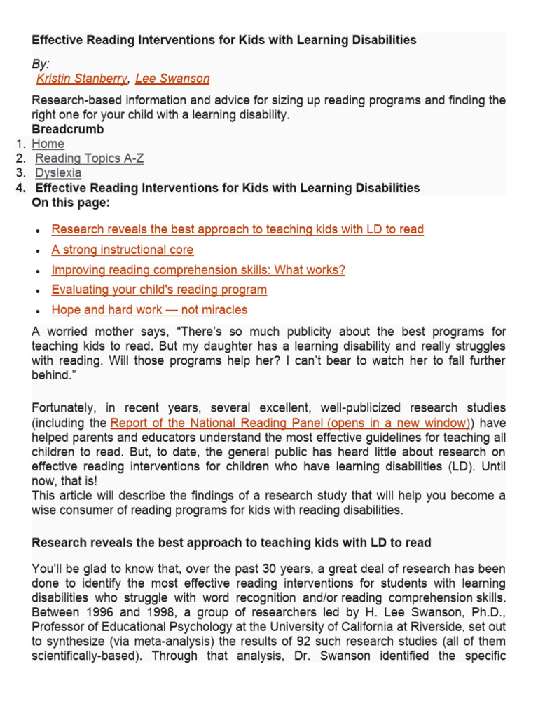 Effective Reading Interventions For Kids With Learning Disabilities ...