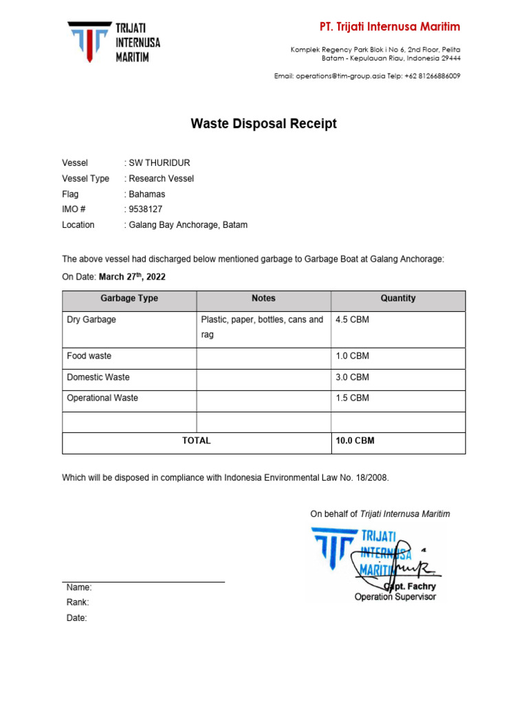 Garbage Disposal Receipt SW Thuridur | PDF