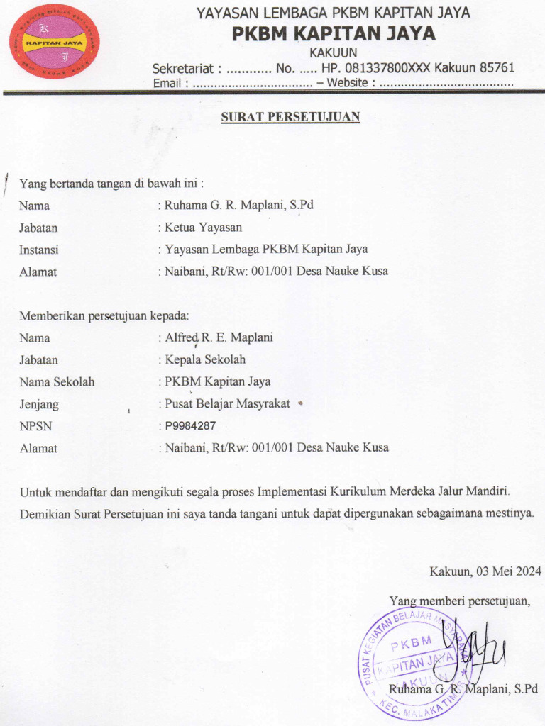 Surat persetujuan PMM PKBM | PDF