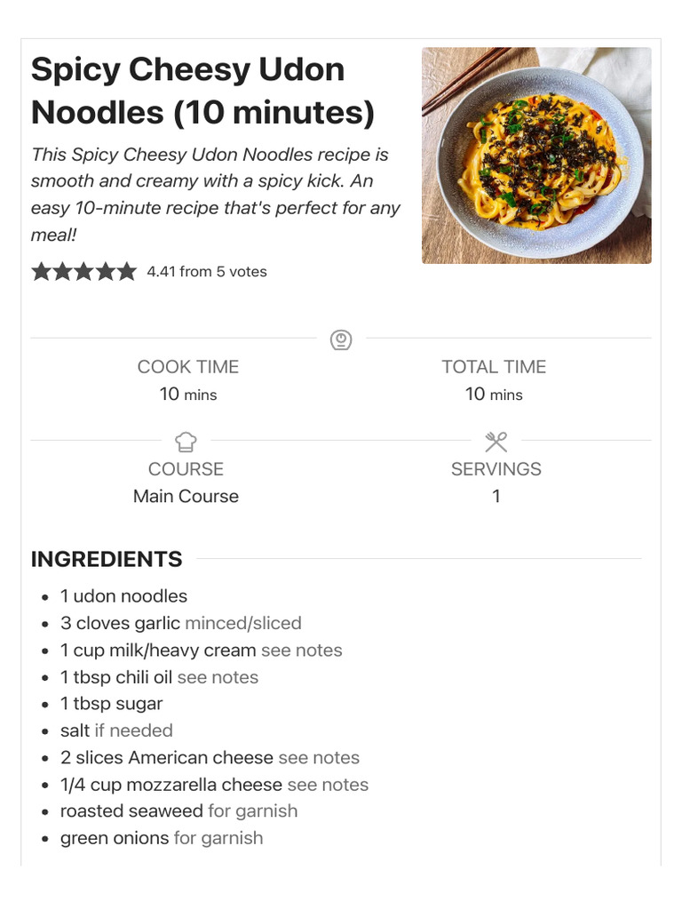 Spicy Cheesy Udon Noodles Recipe | PDF