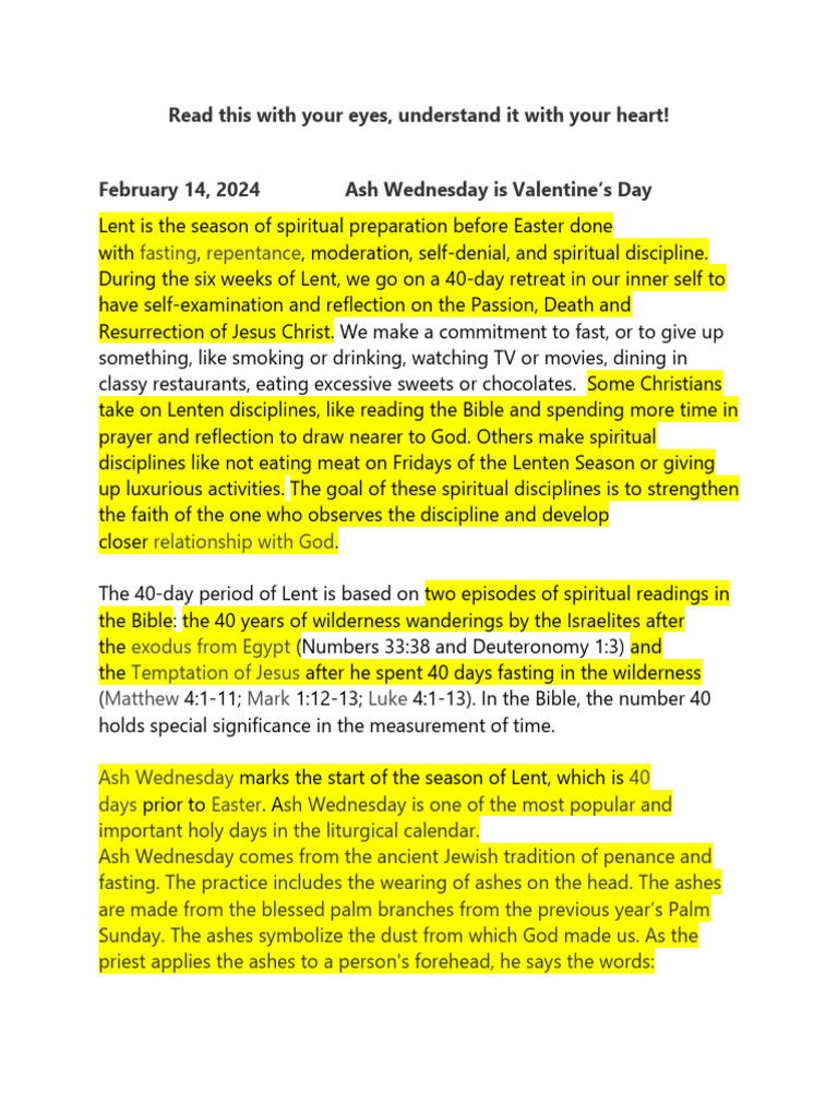 Ash Wednesday & Valentines Day | PDF | Lent | Penance