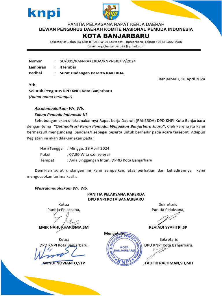 Surat Undangan Rakerda Pengurus KNPI Banjarbaru | PDF