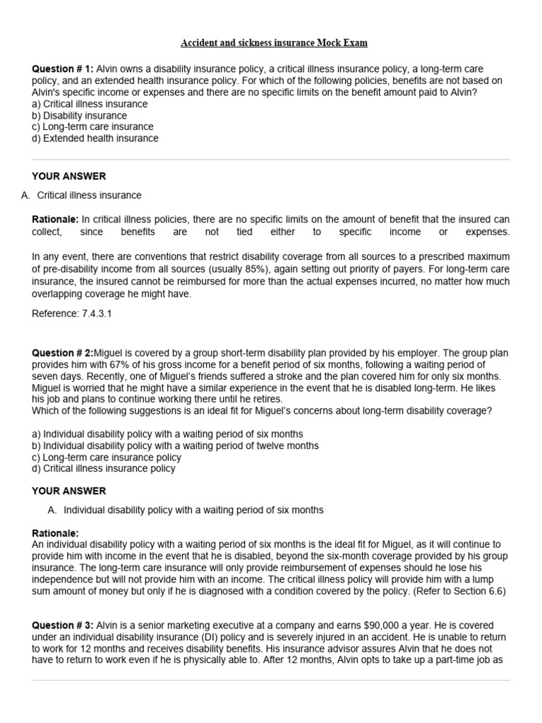 Accident and Sickness Insurance Mock Exam | PDF | Cost Of Living ...