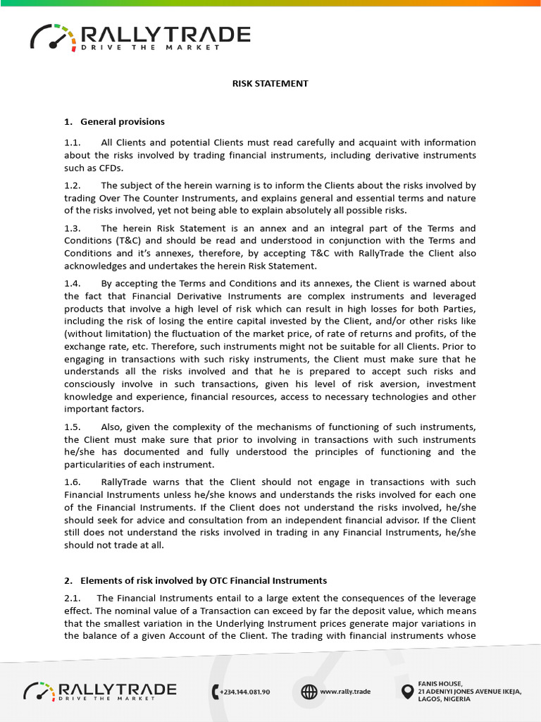 Risk Statement | PDF | Contract For Difference | Derivative (Finance)