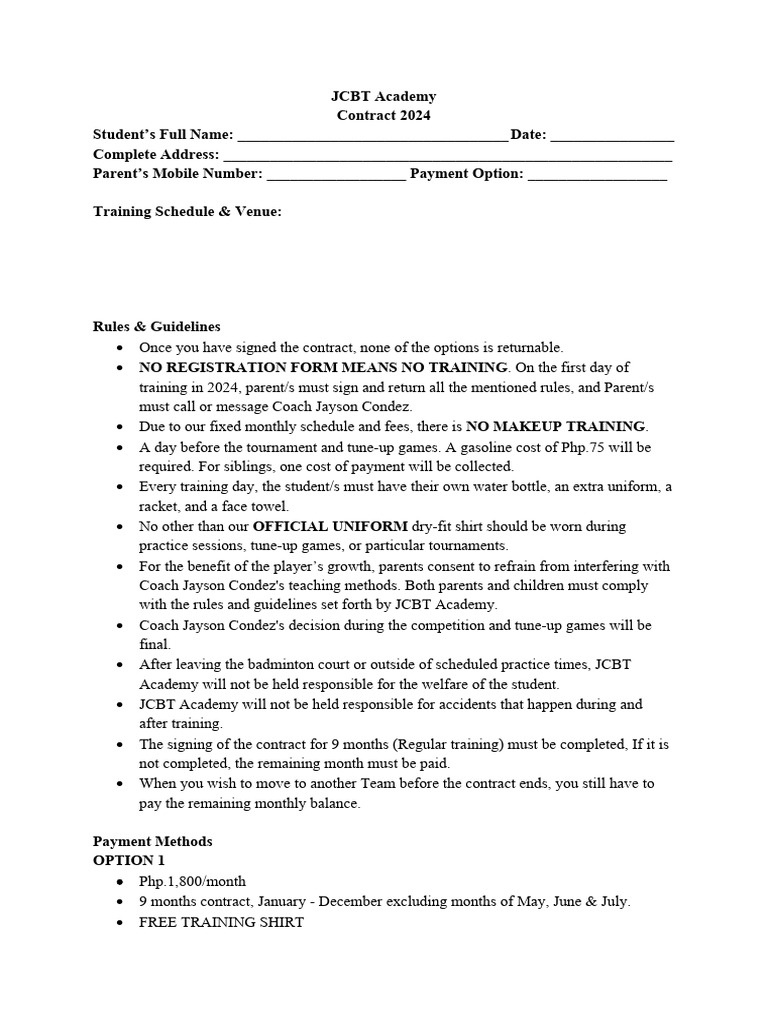 JCBT Academy Contract 2024 | PDF | Finance & Money Management