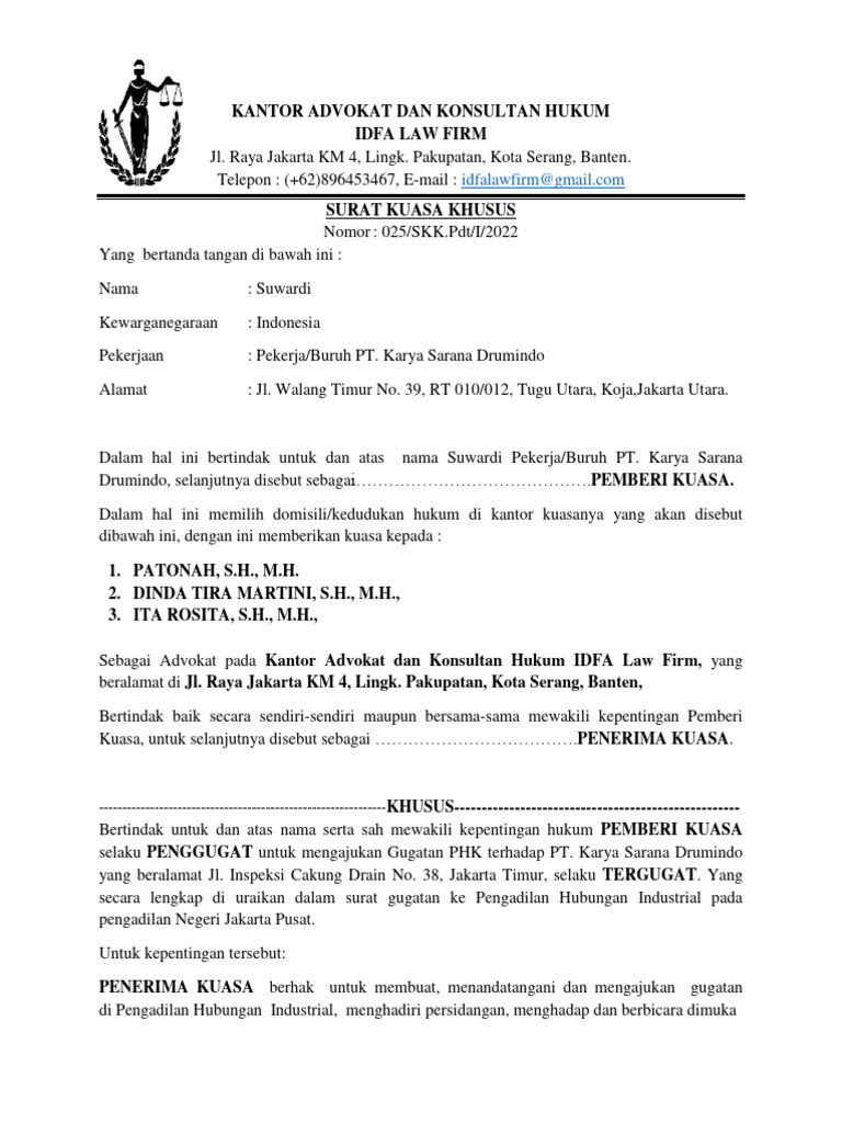 Surat Kuasa PHK Suwardi vs PT KSD | PDF | Ilmu Sosial | Hukum