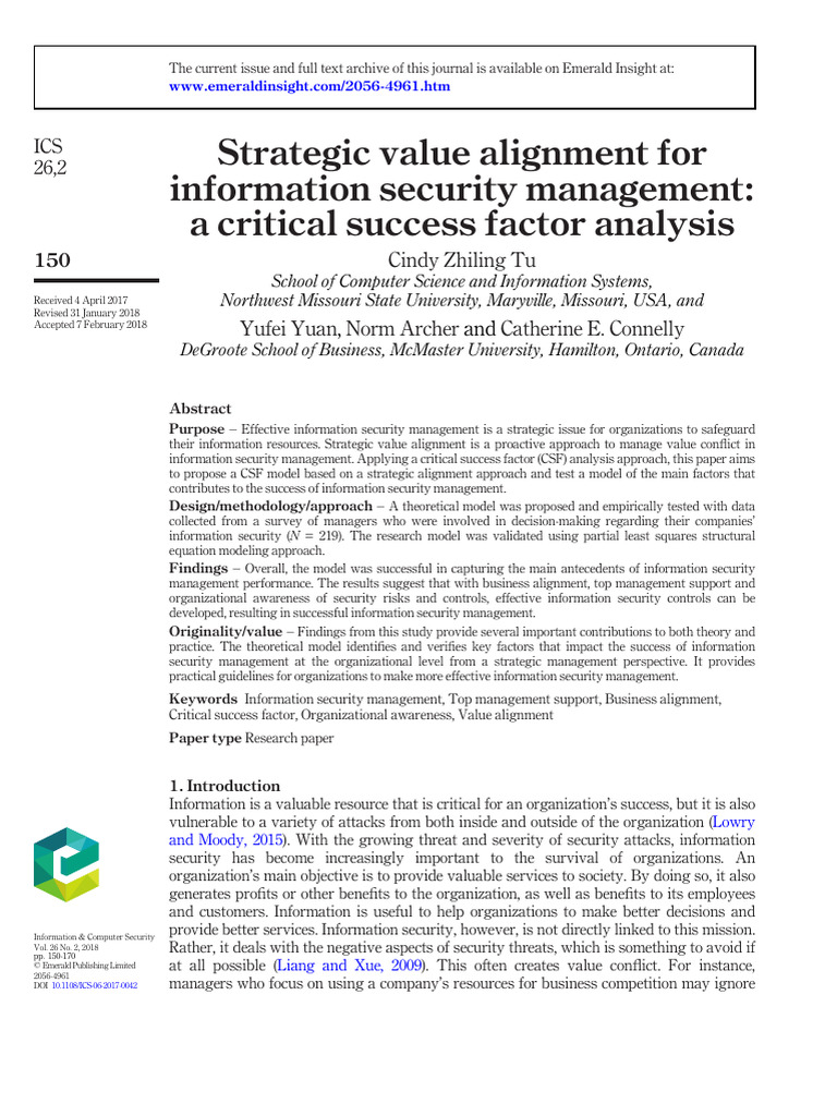 Strategic Value Alignment For Information Security Management: A Critical Success Factor ...