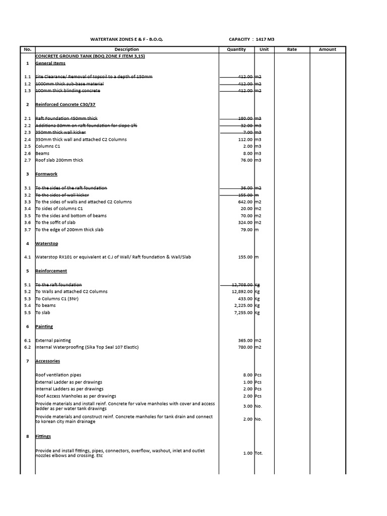 Water Tank 1400m3 BOQ | Download Free PDF | Concrete | Foundation (Engineering)