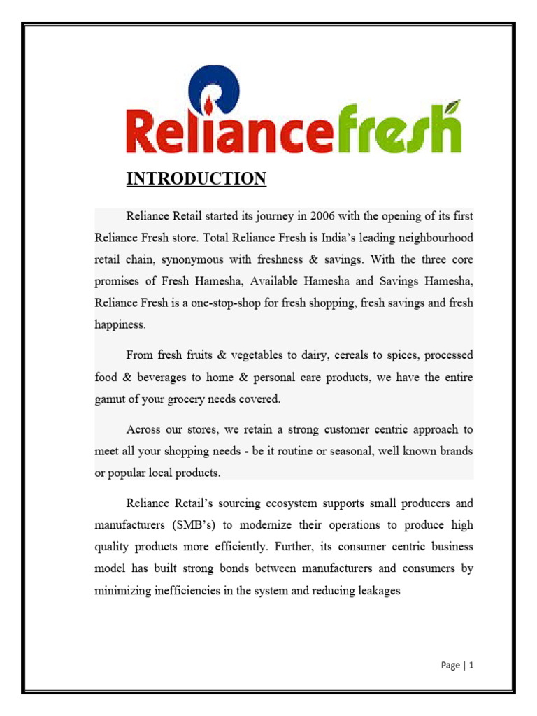 Reliance Project (Orignal) | PDF | Corporate Social Responsibility | Retail