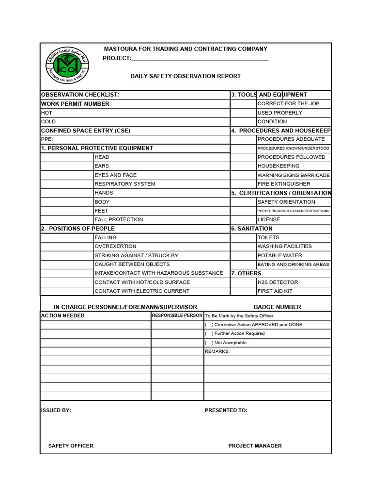 Daily Safety Observation Report | PDF | Personal Protective Equipment ...