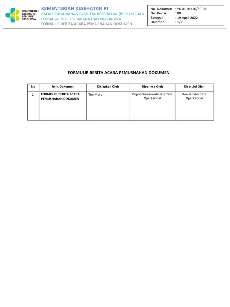 P16 FR 06 Formulir Berita Acara Pemusnahan Dokumen | PDF