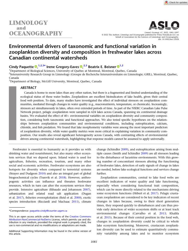 Limnology Oceanography - 2022 - Paquette - Environmental Drivers of Taxonomic and Functional ...