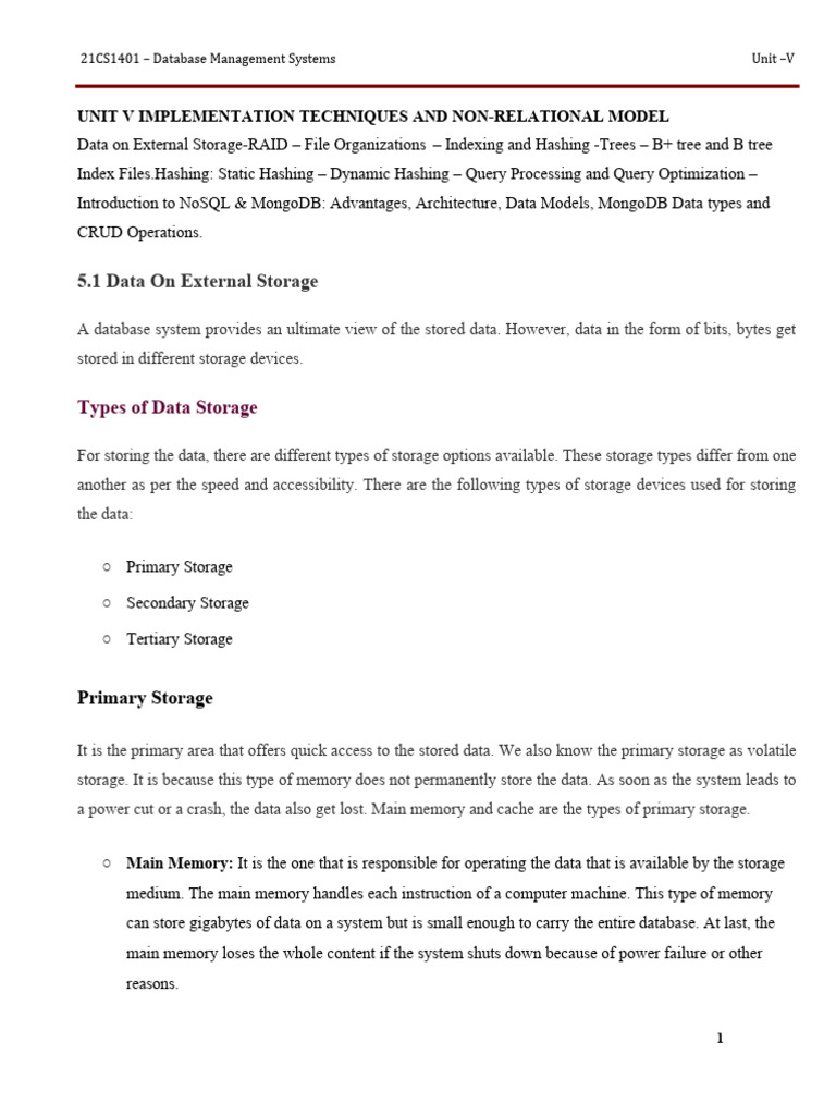 21cs1401 Unit 5 Dbms Pdf Database Index Computer Data Storage 3384