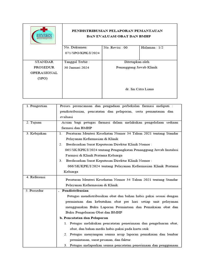 Spo 071 Pendistribusian Pelaporan Pemantauan Dan Evaluasi Obat Dan BMHP | PDF