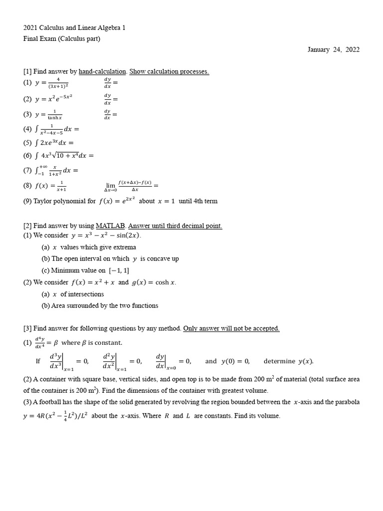 2021 Calculus Final Exam Solutions | PDF