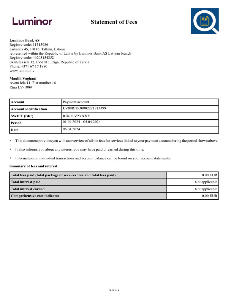 Luminor Bank Fee Summary | PDF | Fee | Debit Card