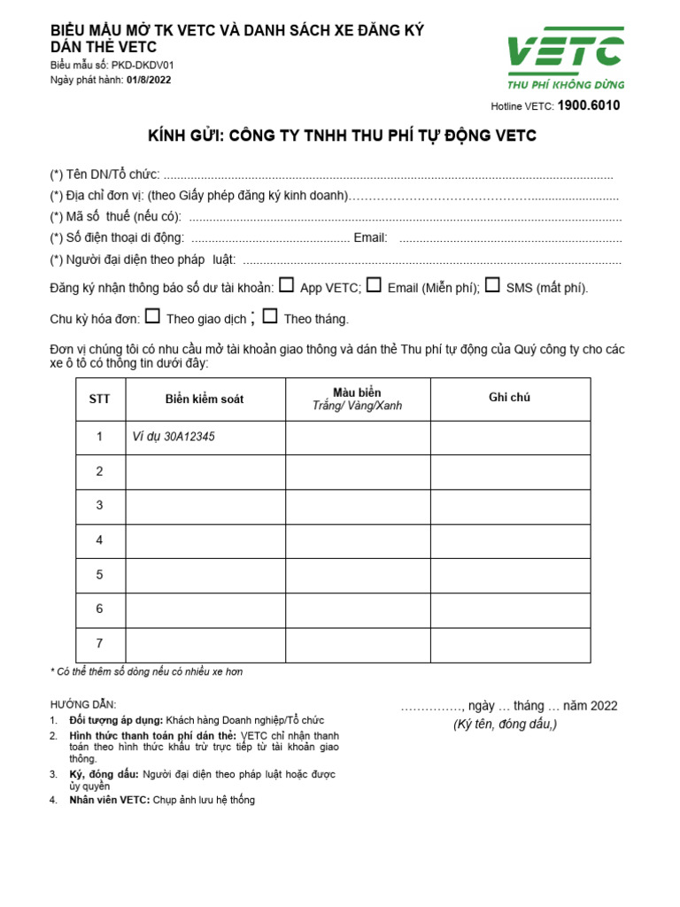 01.8. 2022 - BM Dang Ky Dich Vu VETC (Dung Cho To Chuc) - Final | PDF