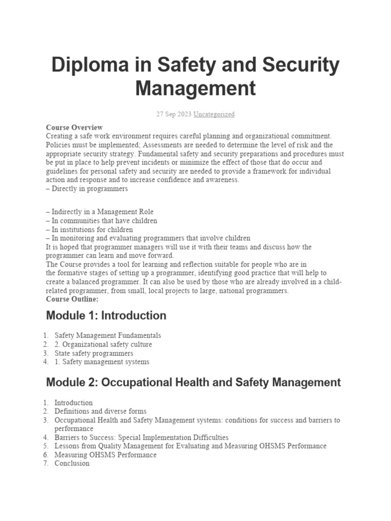 Diploma in Safety and Security Management | PDF | Risk | Safety