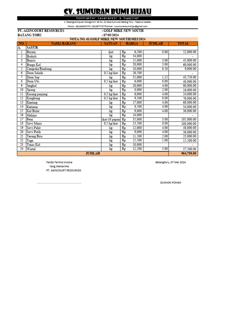 Nota Invoice 07 Mei 24 Golf Mike New South | PDF