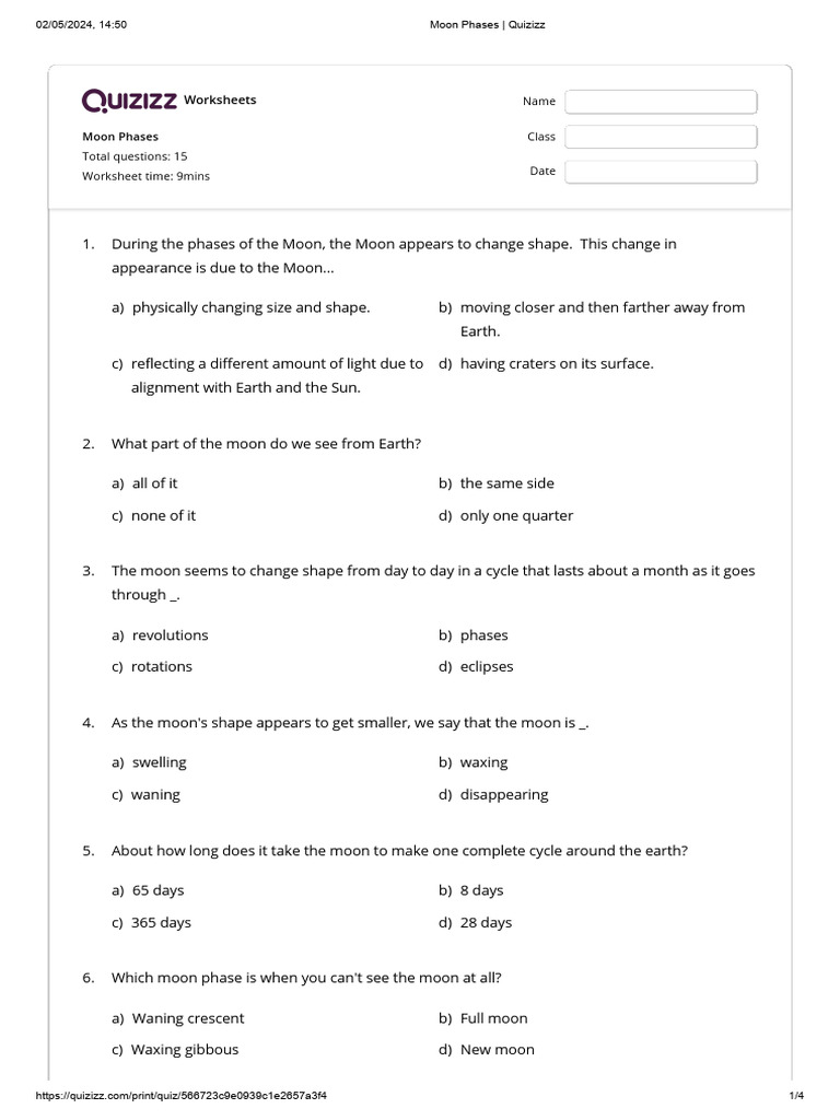 Moon Phases - Quizizz | PDF | Moon | Lunar Science